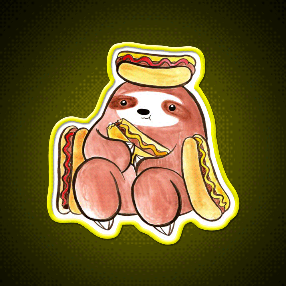 Watercolor Sloth Eating Hotdogs Fast Food Led Neon Sign For Burger ...